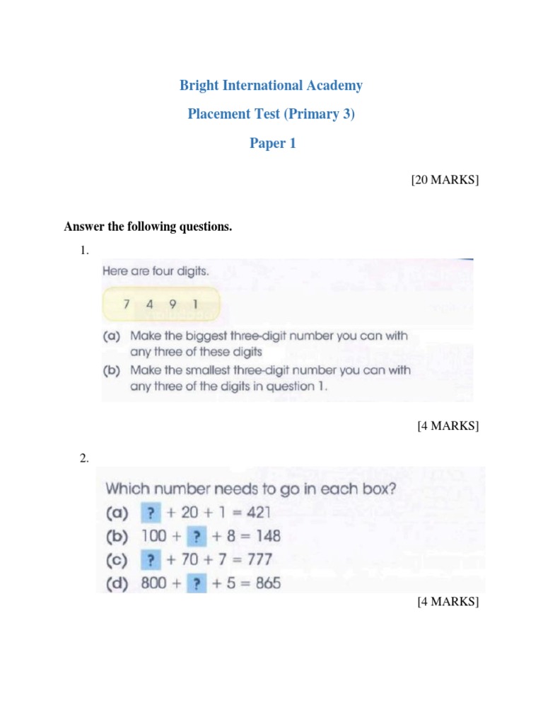 Primary 3 Paper 1 Math Placement Test | PDF
