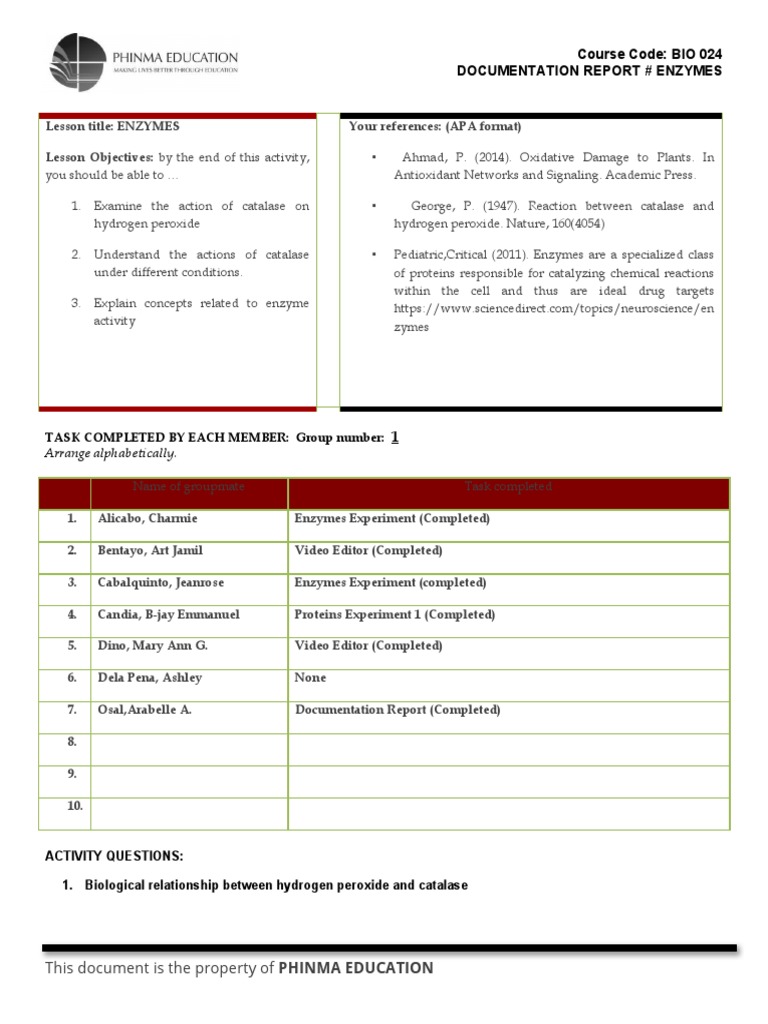ENZYMES Documentation Report Team 1 DINO | PDF | Enzyme | Catalase