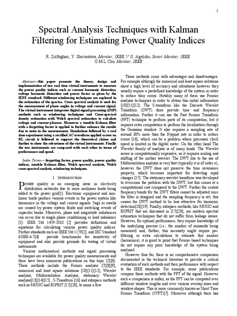 Spectral Analysis Techniques With Kalman Filtering For Estimating Power Quality Indices Pdf