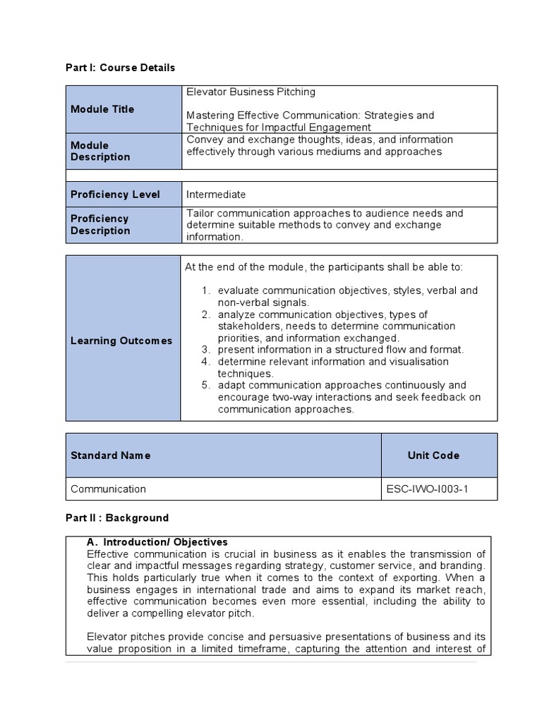 Course Outline For Business Pitching | PDF