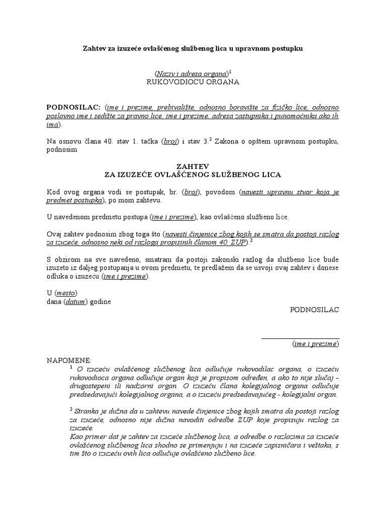 4. Zahtev Za Izuzeće Ovlašćenog Službenog Lica u Upravnom Postupku | PDF