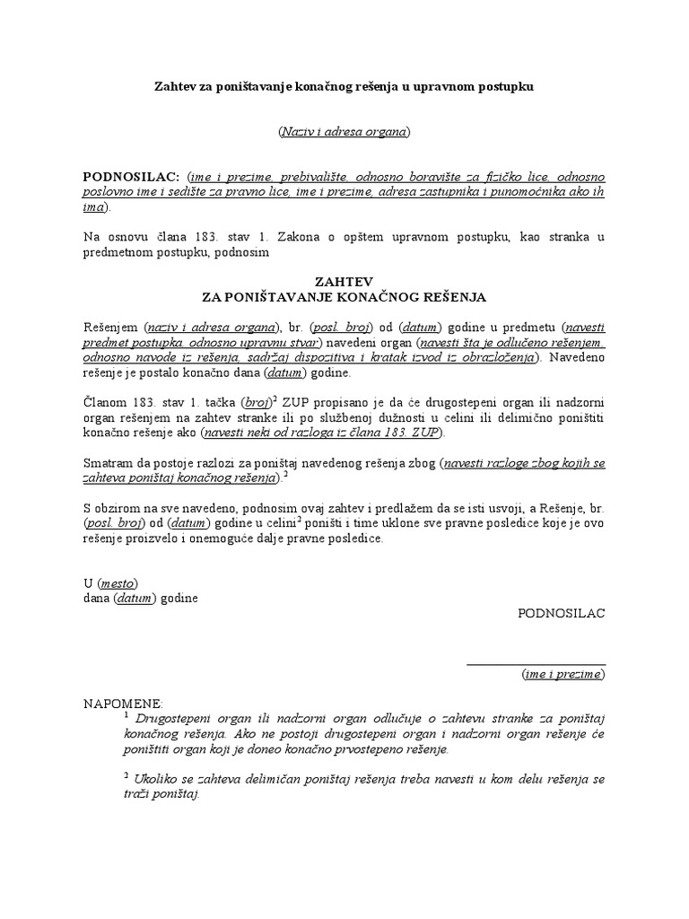 Zahtev Za Poništavanje Konačnog Rešenja U Upravnom Postupku | PDF