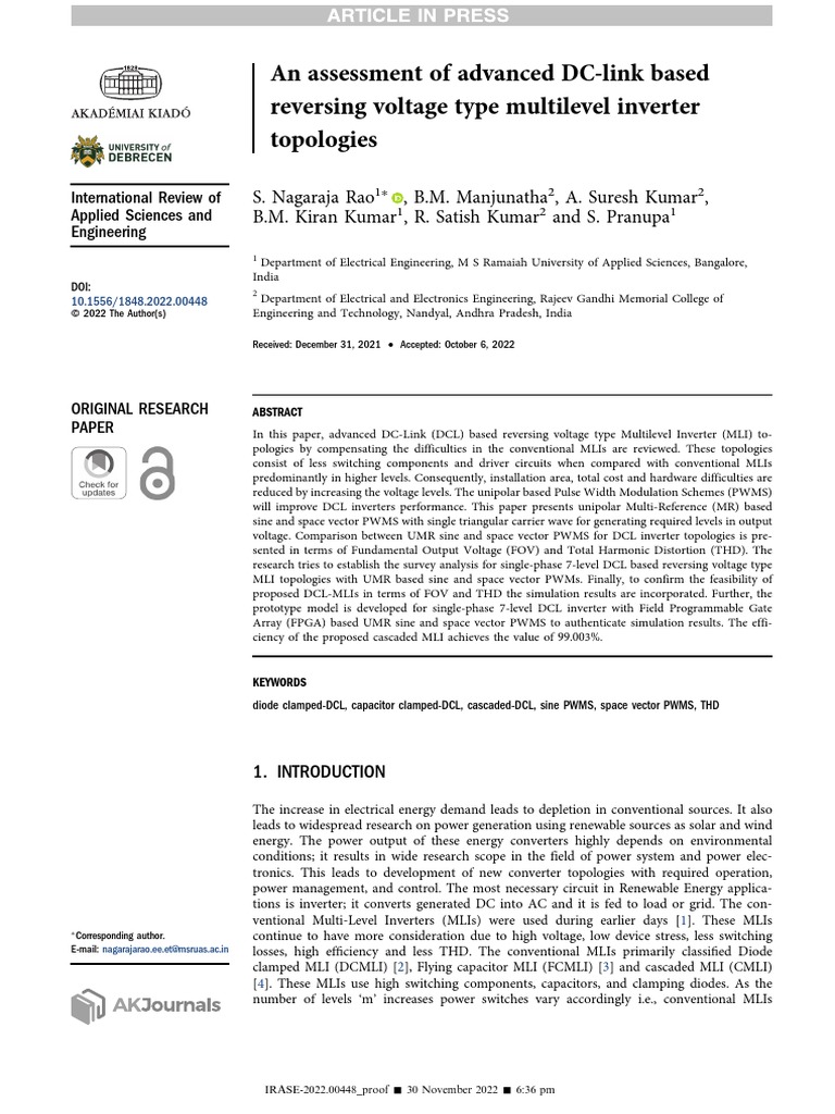 An Assessment of Advanced DC-link Based Reversing Voltage Type Multilevel Inverter Topologies ...