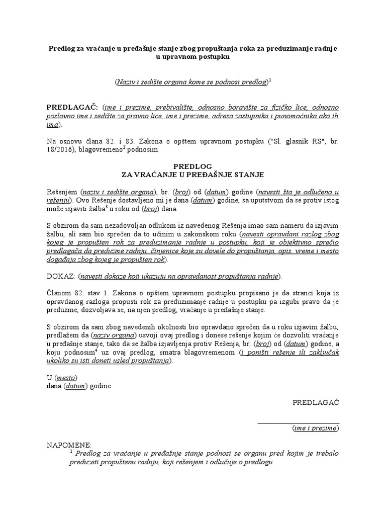 Predlog Za Vraćanje U Pređašnje Stanje | PDF