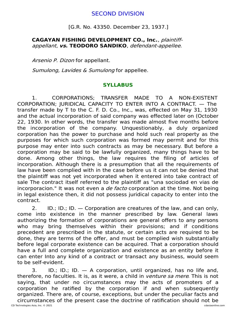 Cagayan Fishing Development Co. Inc. - v. Teodoro Sandiko GR No. 43350 ...