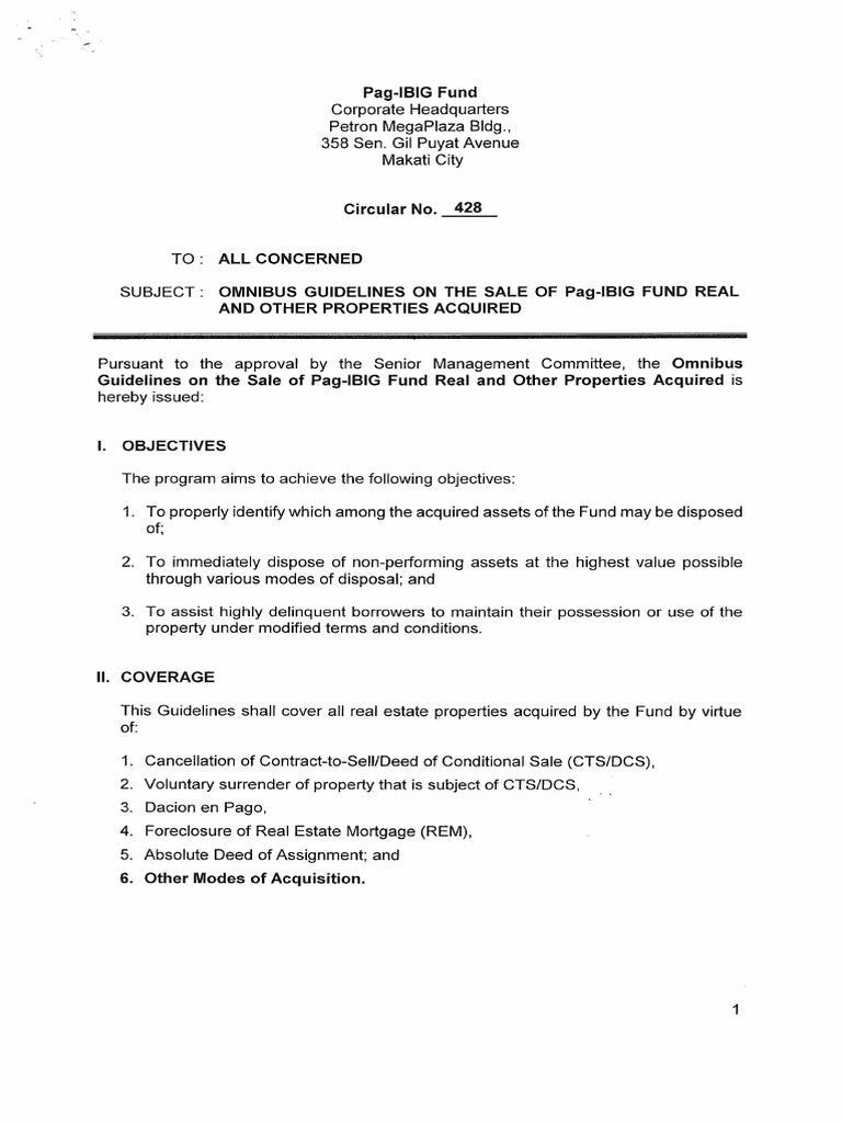 Circular No. 428 - Omnibus Guidelines On The Sale of Pag-IBIG Fund Real and Other Properties ...