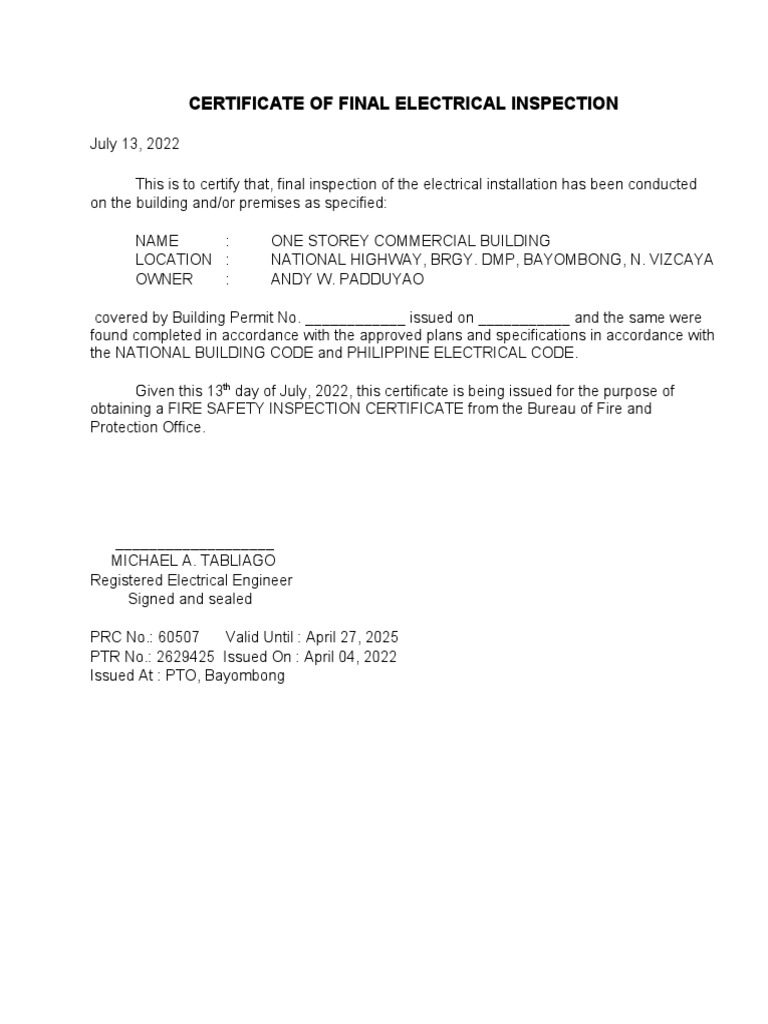 CERTIFICATE OF FINAL ELECTRICAL INSPECTION | PDF