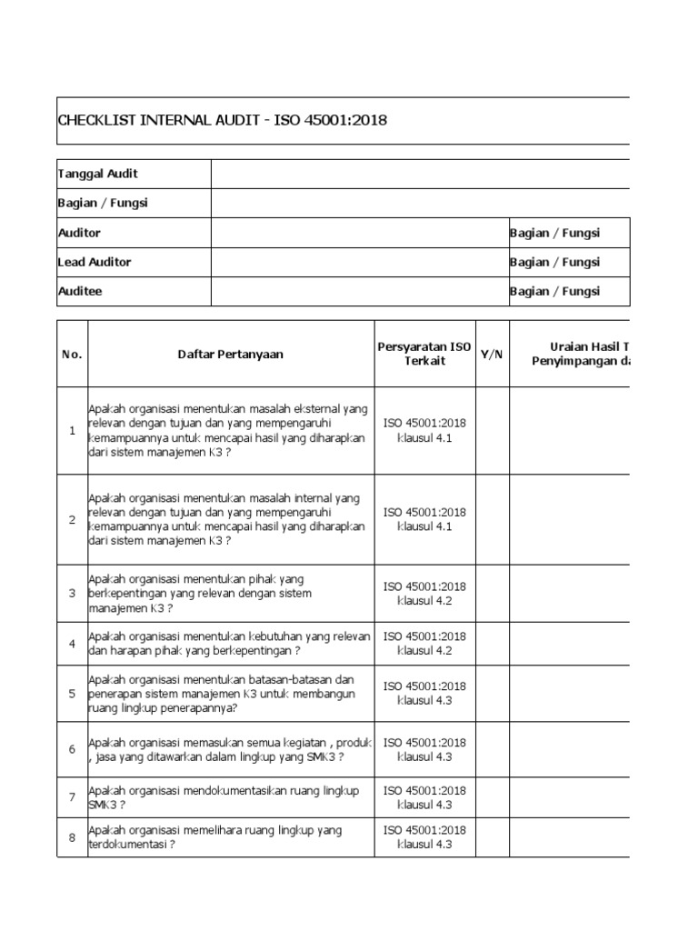 Checklist Audit ISO 45001:2018 K3 | PDF