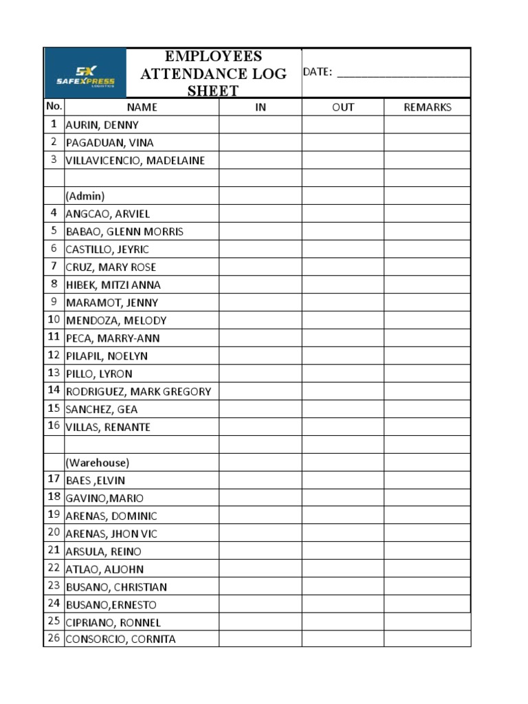 Attendance Log Sheet DAILY | PDF