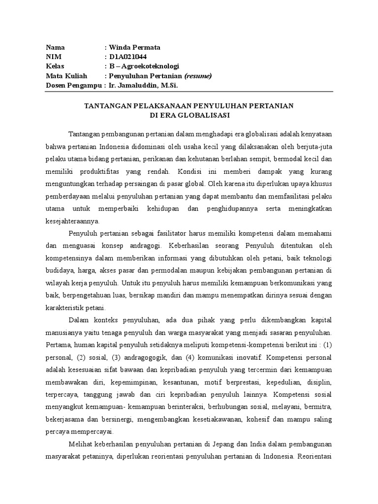 D1a021044 - Winda Permata - Resume Penyuluhan Pertanian | PDF