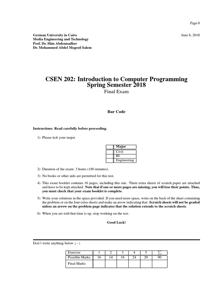 CSEN 202: Introduction To Computer Programming Spring Semester 2018 ...