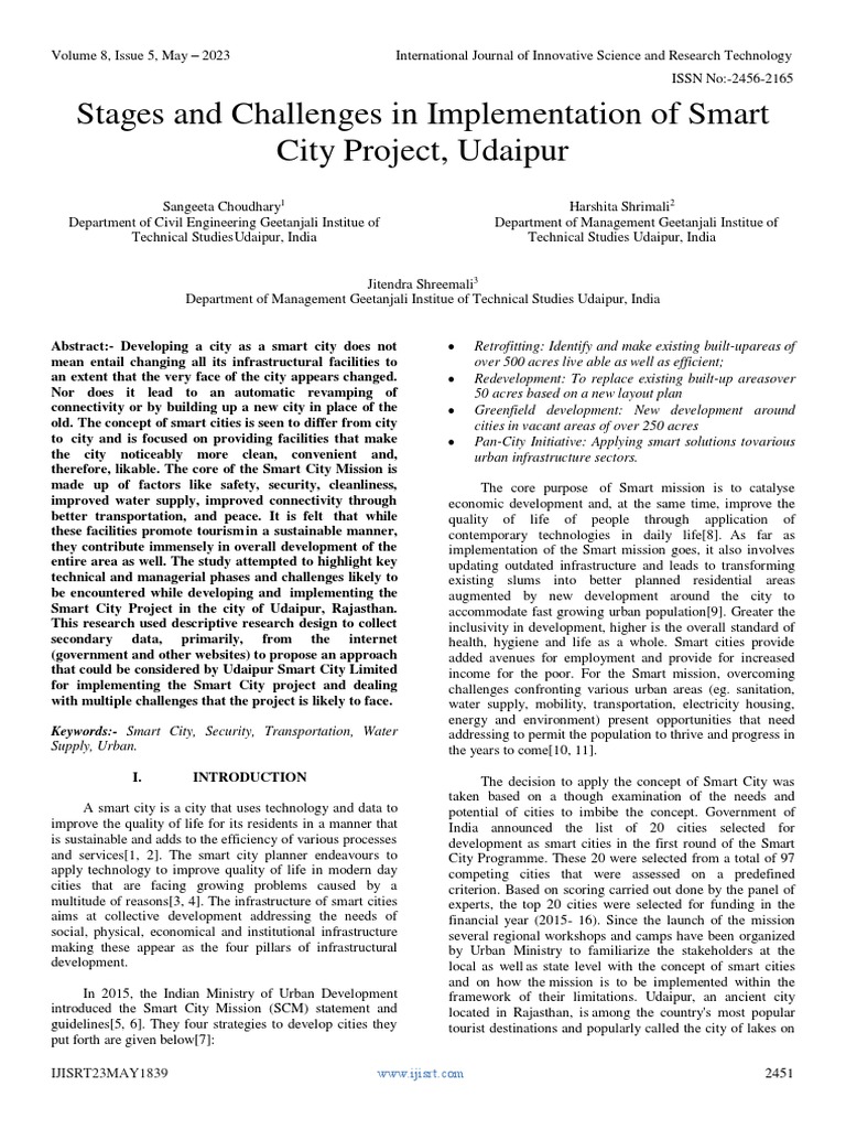 Stages And Challenges In Implementation Of Smart City Project Udaipur Pdf Infrastructure