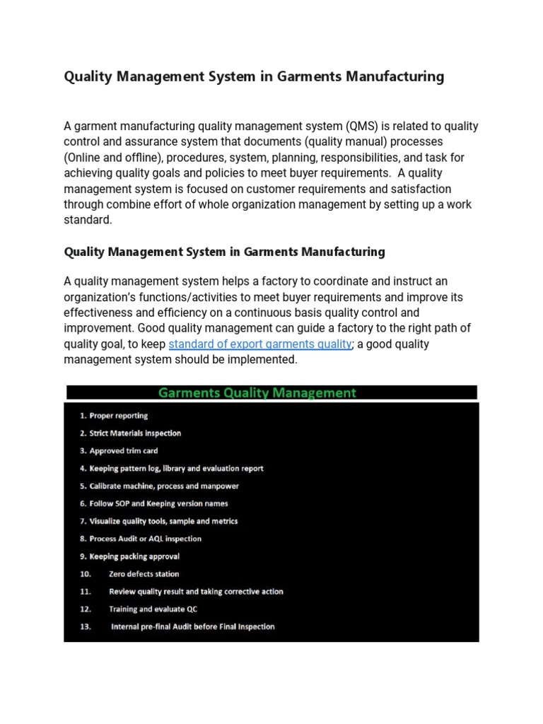 Quality Management System in Garments Manufacturing by Sujan | PDF | Sewing | Quality Management ...