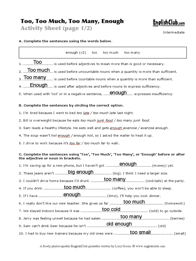 Too-Much-Many-Enough-Activity TEST | PDF | Noun | Linguistic Morphology