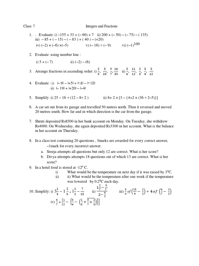 Class 7 Integers and Fractions Worksheet | PDF | Teaching Methods ...