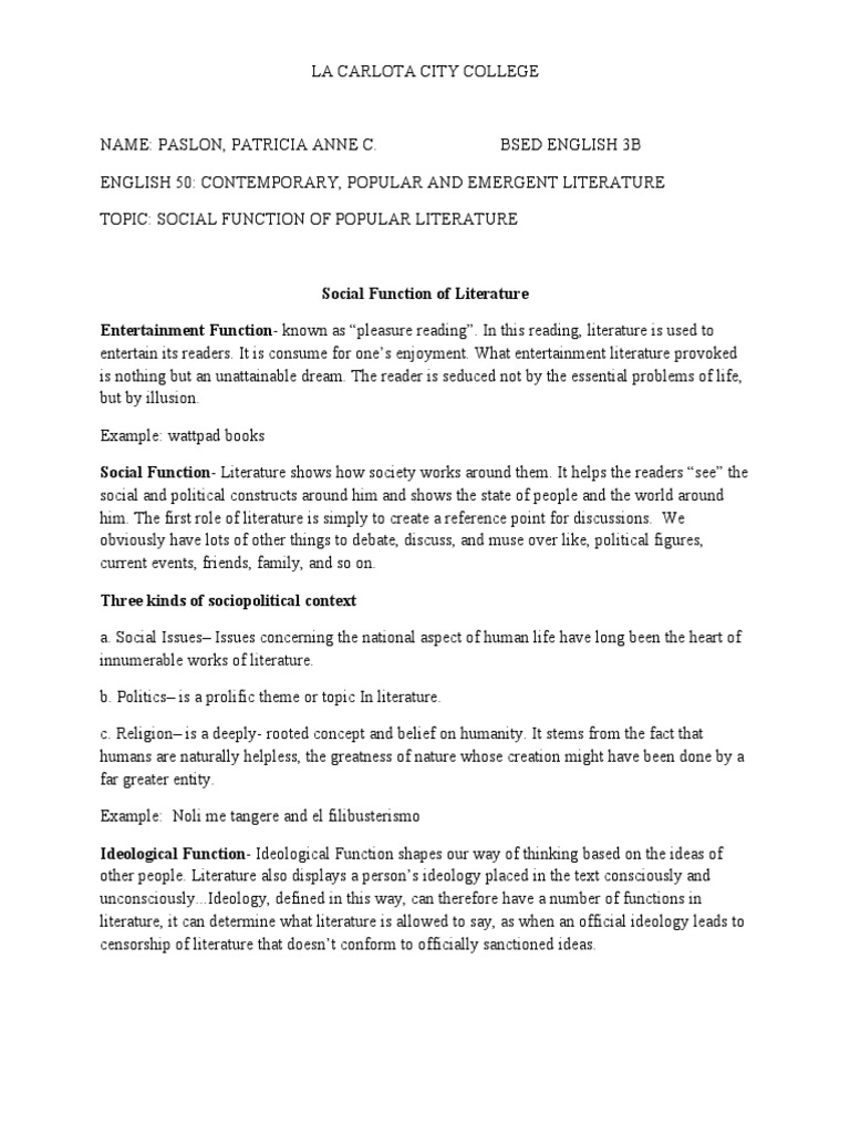 Social Function of Pop Lit | PDF | Ideologies | Entertainment