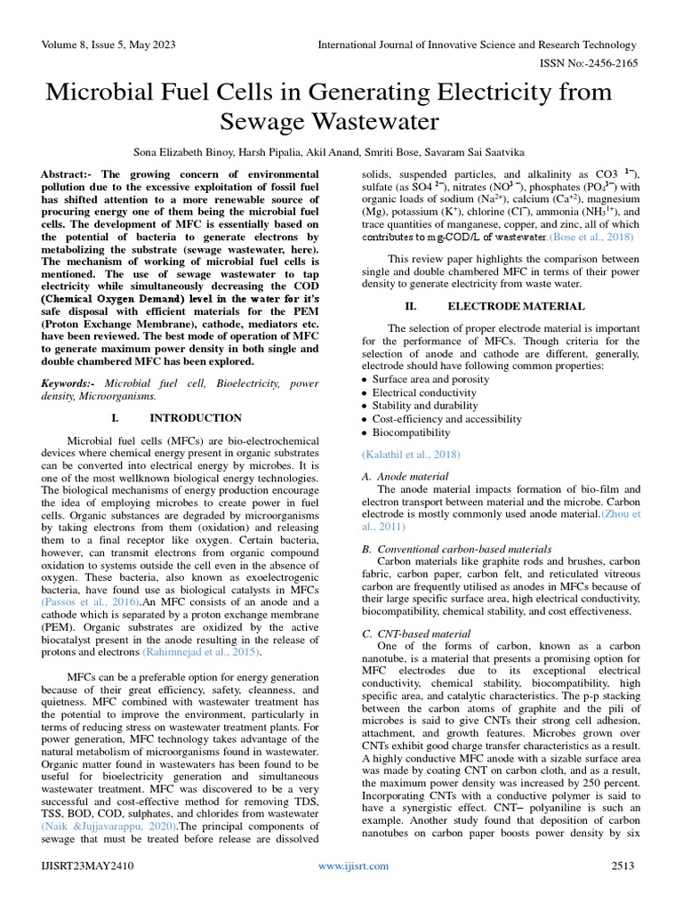 Microbial Fuel Cells in Generating Electricity From Sewage Wastewater ...