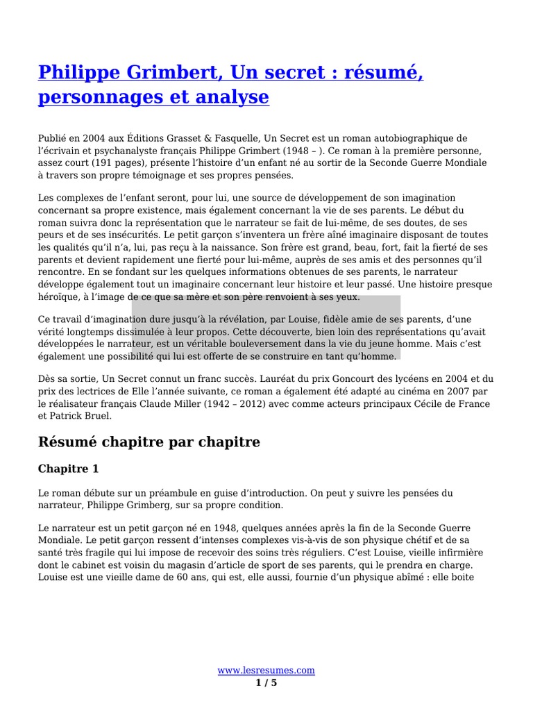 Philippe Grimbert Un Secret Resume Personnages Et Analyse | PDF