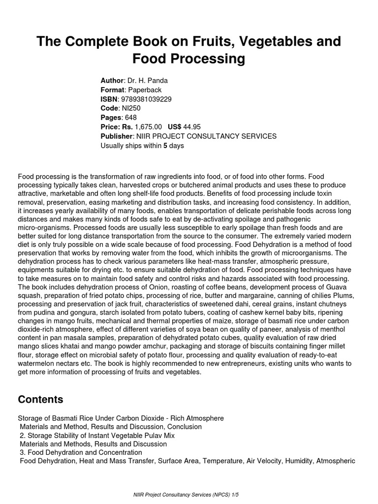 Niir Complete Book On Fruits Vegetables Food Processing | PDF