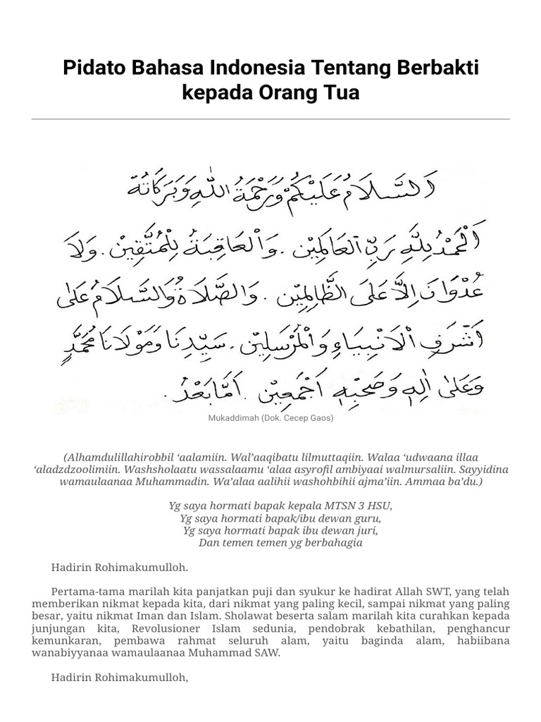 Pidato Bahasa Indonesia Tentang Berbakti Kepada Orang Tua: Mukaddimah (Dok. Cecep Gaos) | PDF