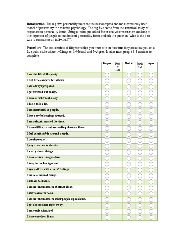 Big Five Personality Test Guide | PDF | Metaphysics Of Mind ...