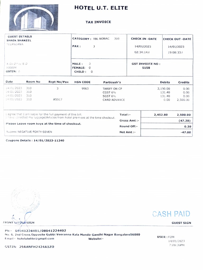 Banglore Hotel Bill - 14 JAN 2023 | PDF