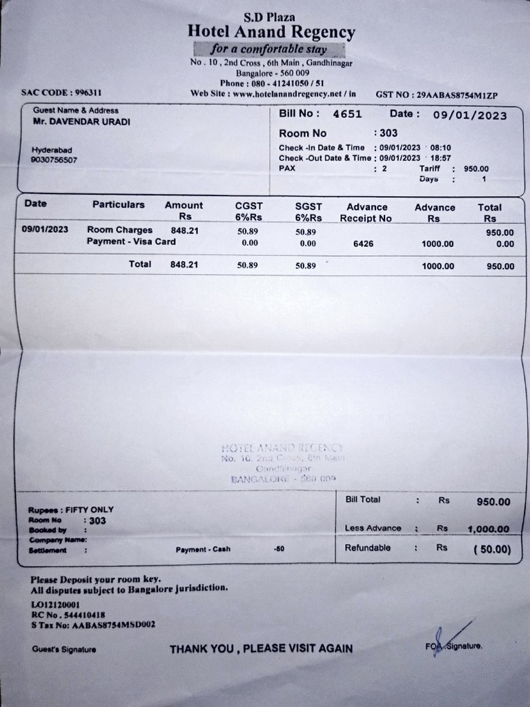 Bangalore Hotel Bill Format with GST | PDF | Business | Payments