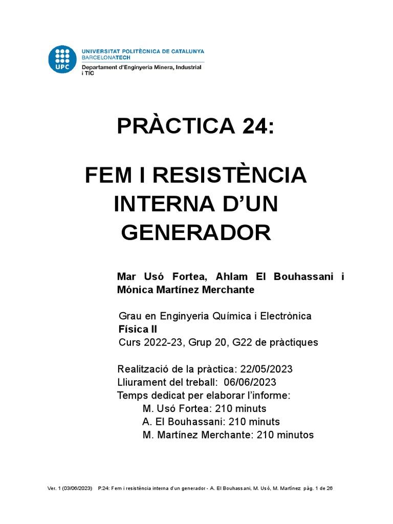 PRÀCTICA 24 - Fem I Resistència Interna D'un Generador | PDF