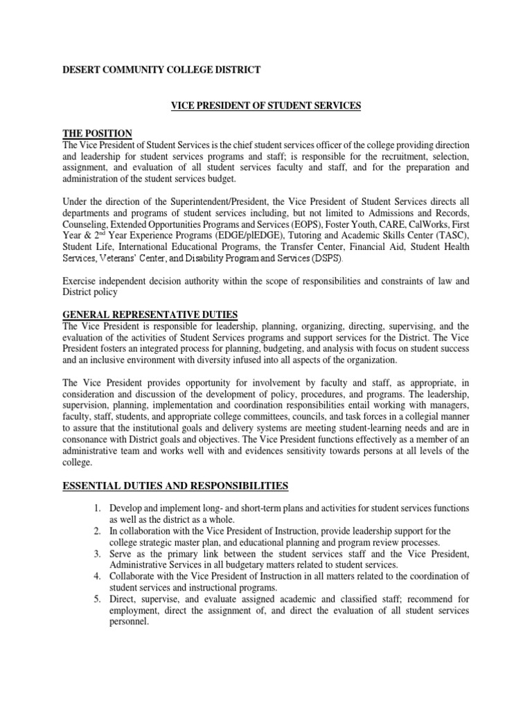 Vice President of Student Services Role | PDF