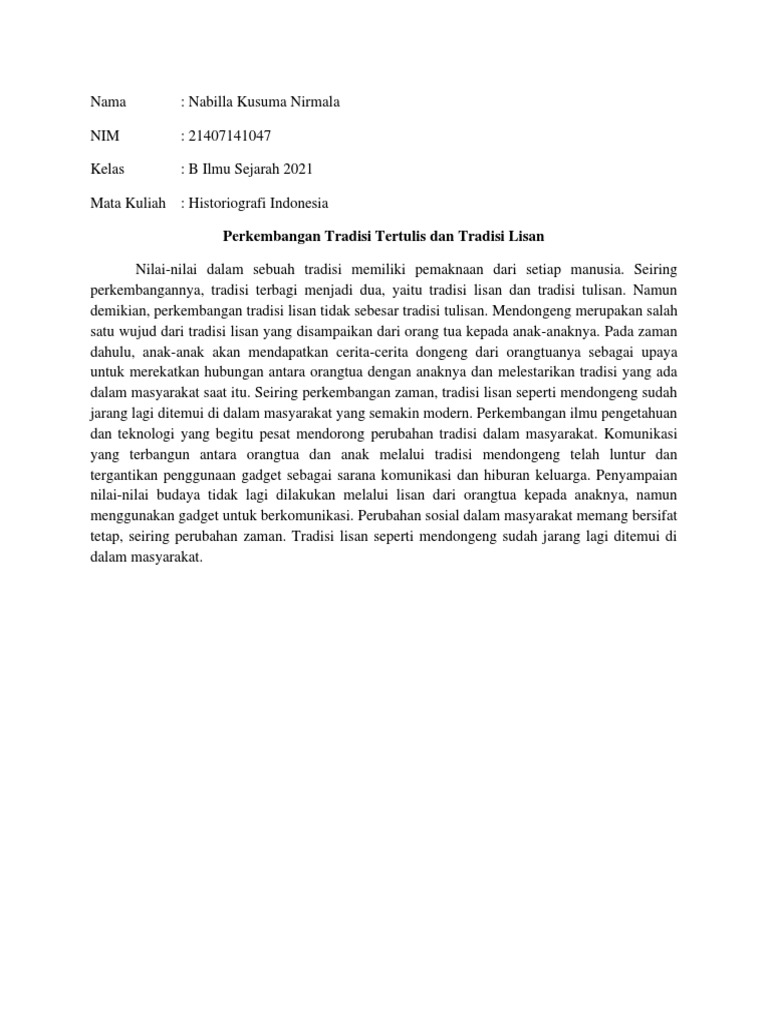 Nabilla Kusuma Nirmala - Perkembangan Tradisi Tertulis Dan Tradisi ...