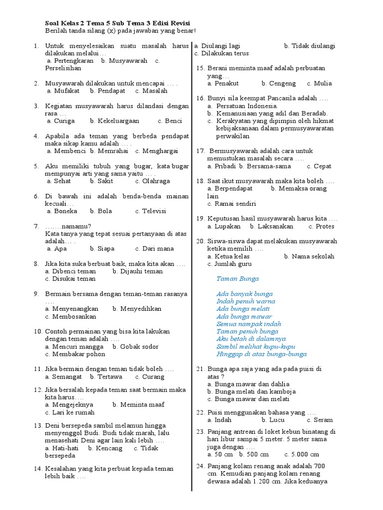 Berikut Soal Ulangan Harian Kelas 2 Tema 5 Sub Tema3 | PDF