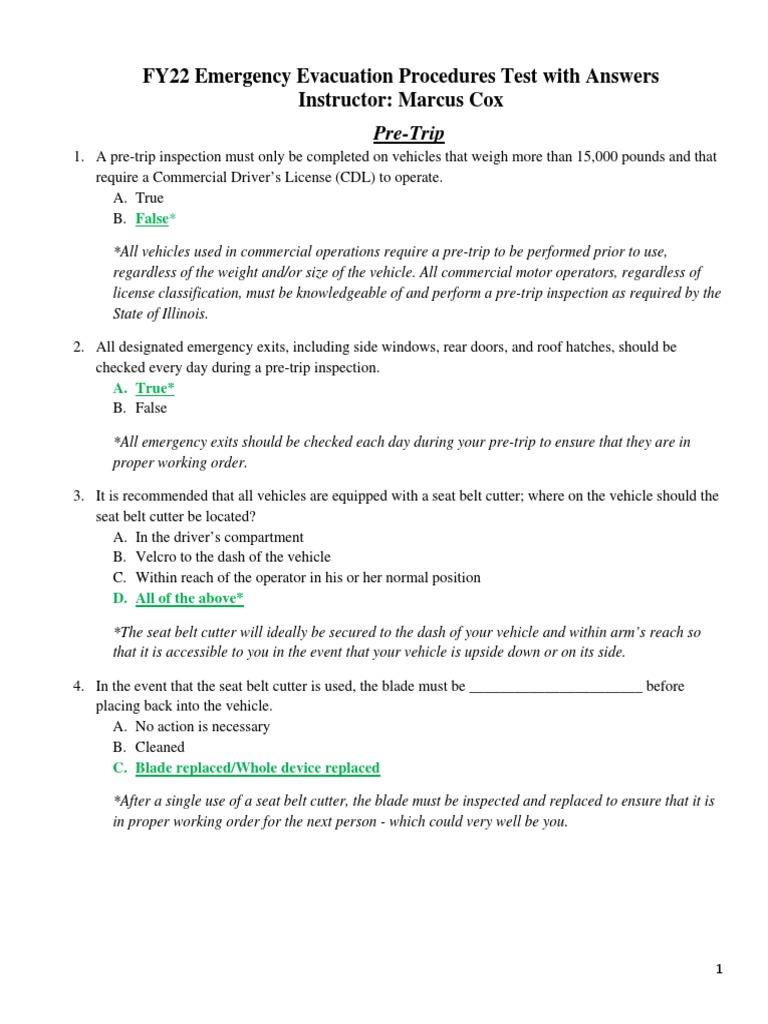 FY22 Emergency Evacuation Procedures Test With Answers | PDF | Driving ...