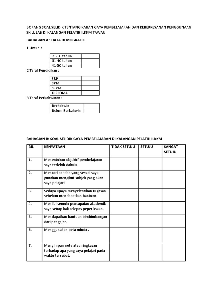 Borang Soal Selidik Tentang Kajian Gaya Pembelajaran Dan Keberkesanan ...