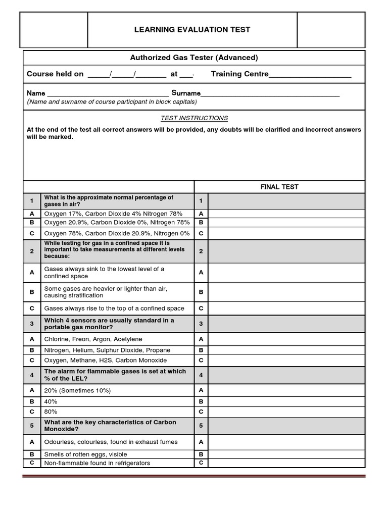 Evaluation Test Authorized Gas Tester | PDF | Nitrogen | Oxygen