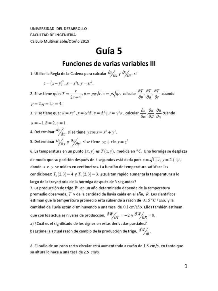 Multivariable Guía 5 Funciones de Varias Variables III 2019I | PDF | Métodos y materiales de ...