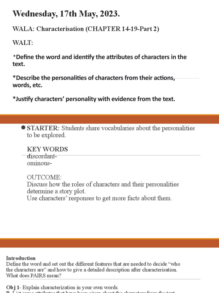 WK 4 YEAR 8 CHARACTERISATION LESSON 1 | PDF