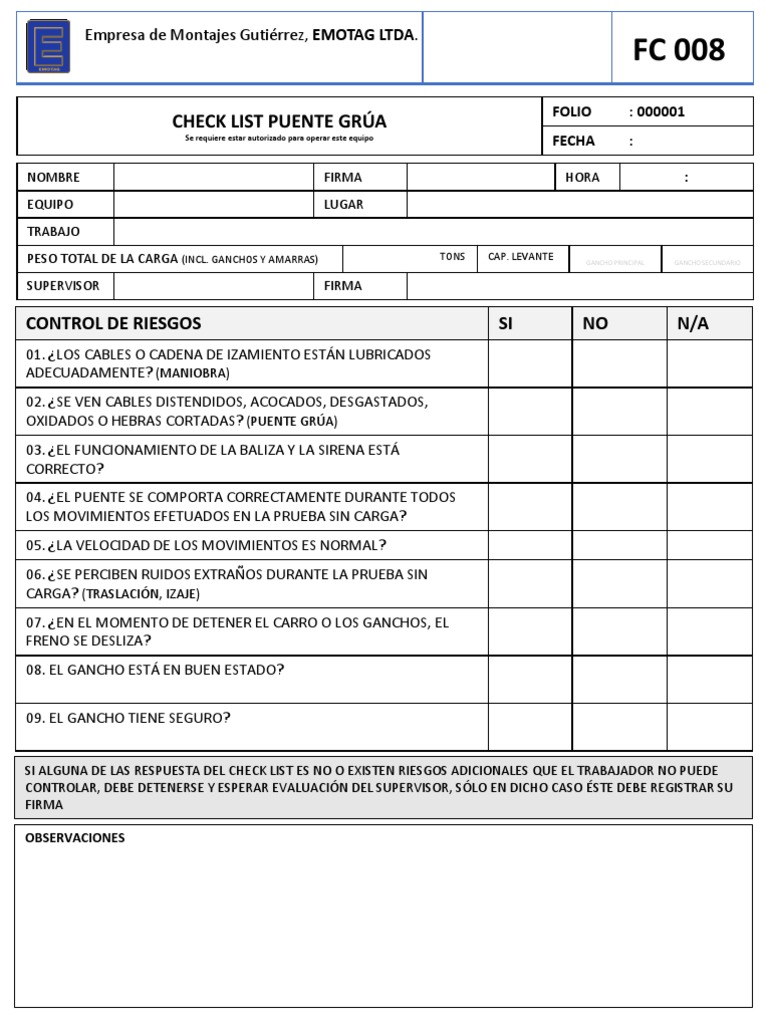 Check List Puente Grúa | PDF