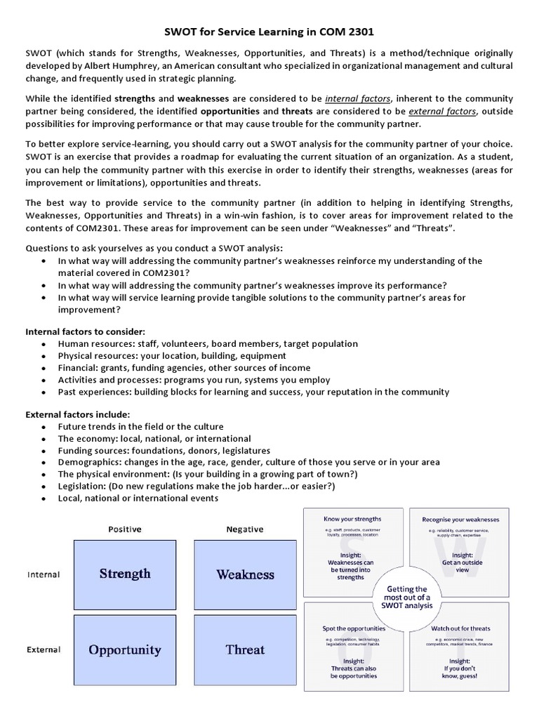 SWOT For Service Learning in COM 2301 | PDF | Swot Analysis | Service ...