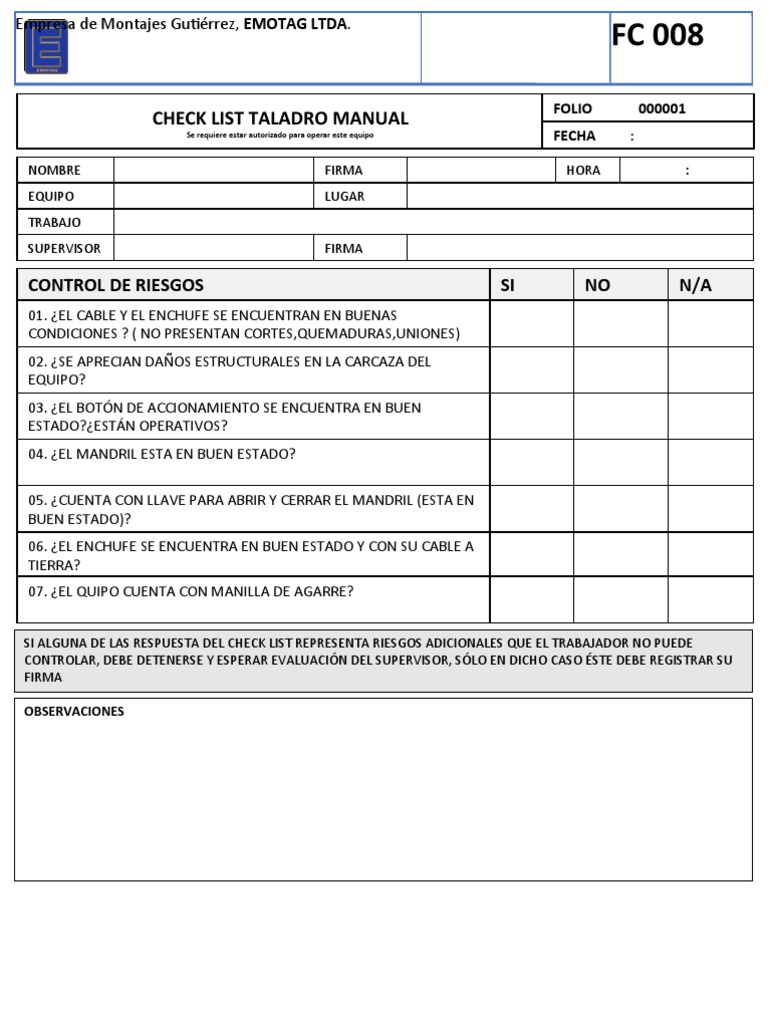Check List Taladro Manual | PDF Check List Taladro Manual | PDF