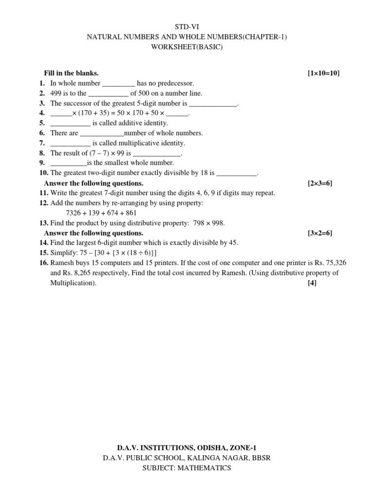 WORKSHEET - Basic Ques | Download Free PDF | Numbers | Natural Number