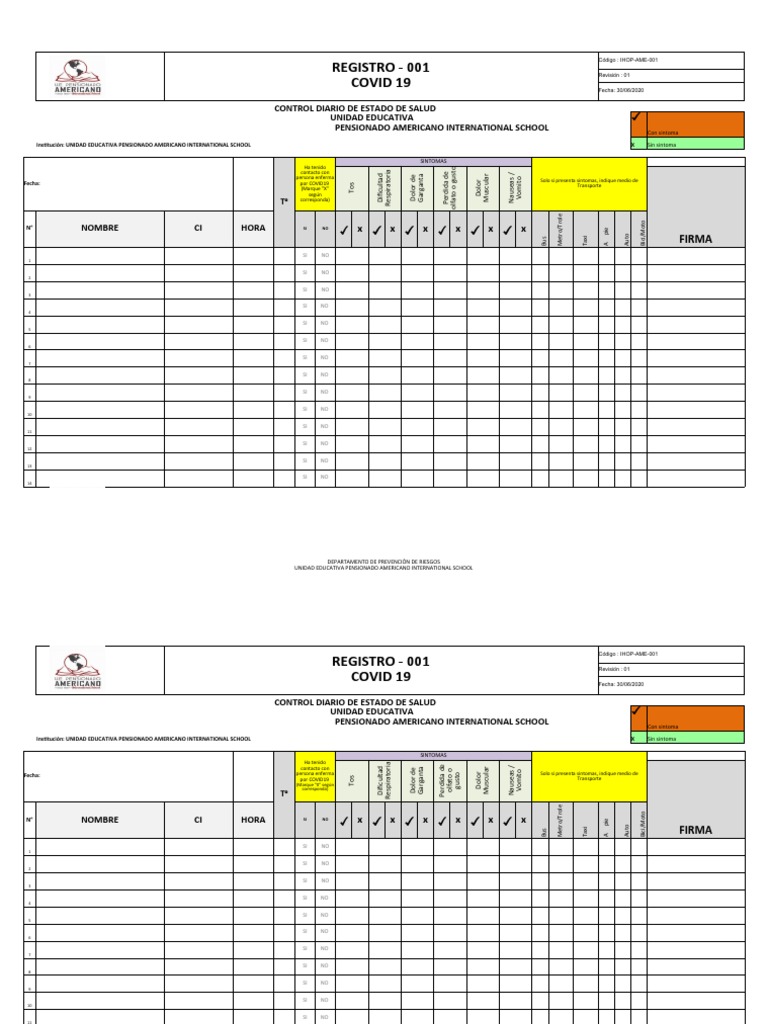 IHOP-AME-001 Control Diario Estado de Salud - PENSIONADO AMERICANO | PDF