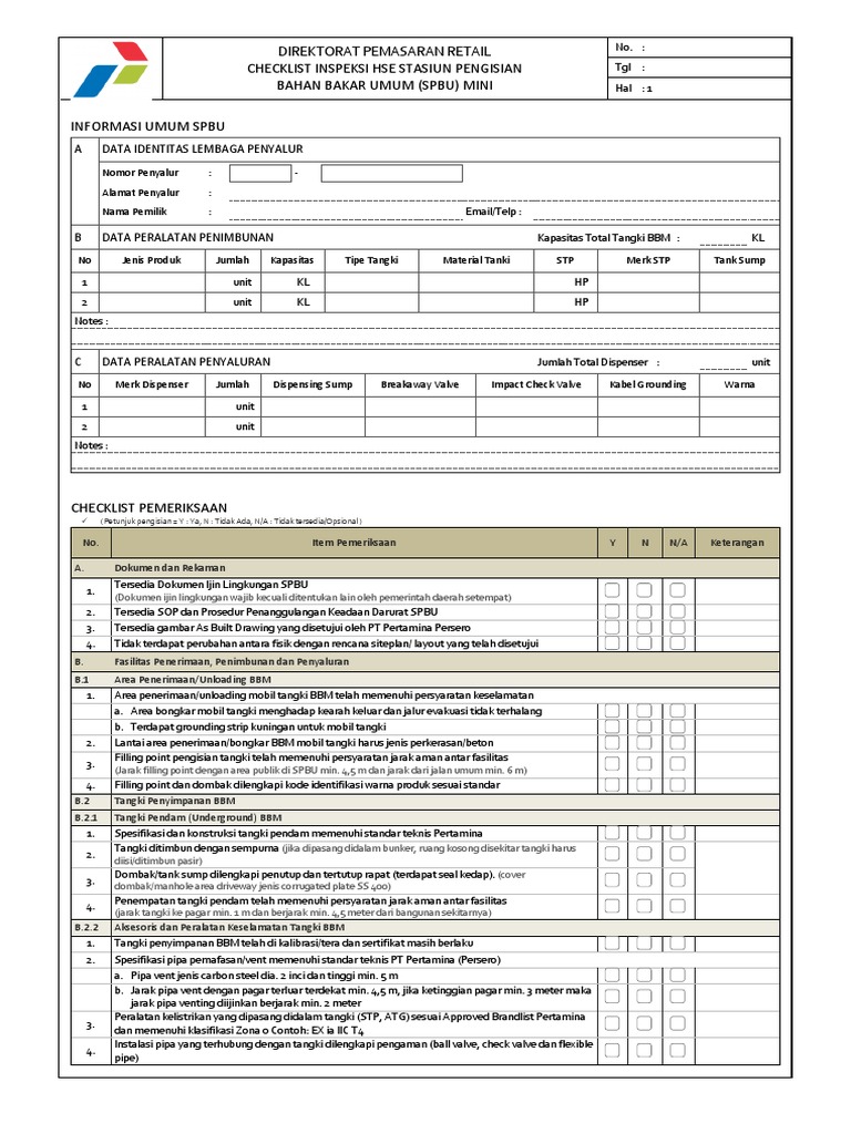 2 Checklist Inspeksi 2019 SPBU Mini | PDF