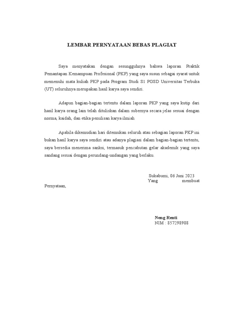 Lembar Pernyataan Bebas Plagiat | PDF