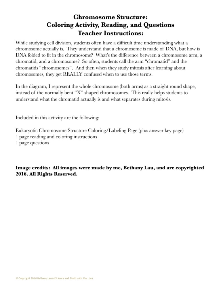 Chromosome Structure: Coloring Activity, Reading, and Questions Teacher ...