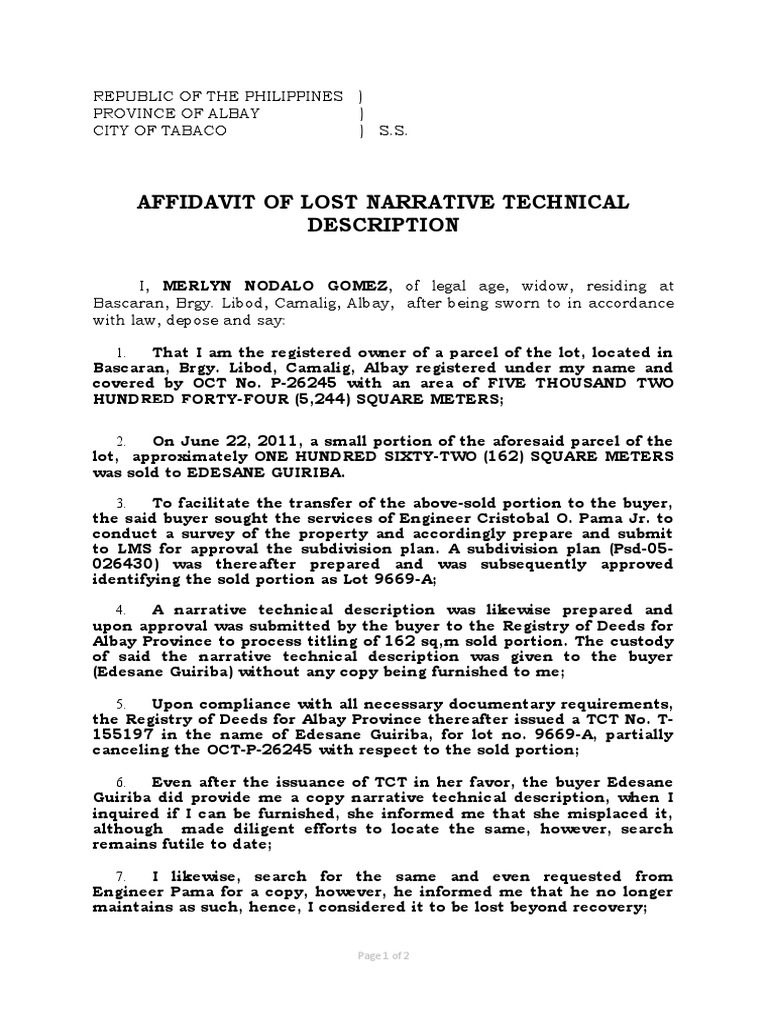 Affidavit of Lost Narrative technical description | PDF | Affidavit ...