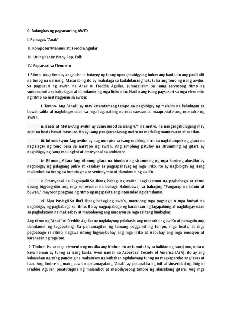 Balangkas NG Pagsusuri NG Awit | PDF