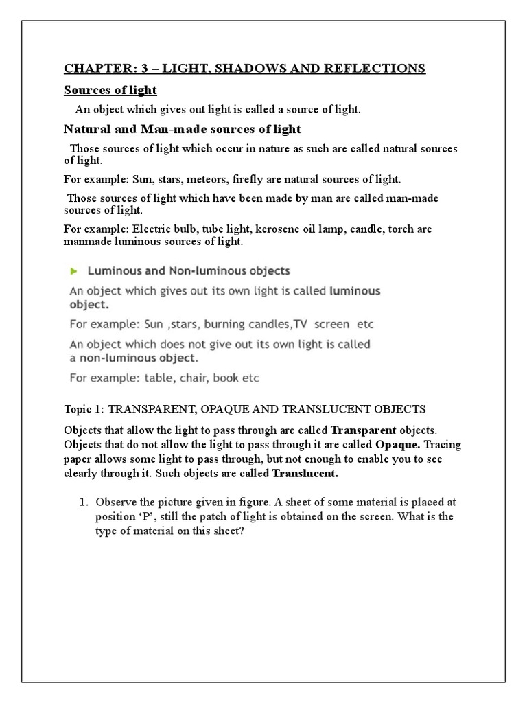 Chapter: 3 - Light, Shadows and Reflections Sources of Light Natural ...