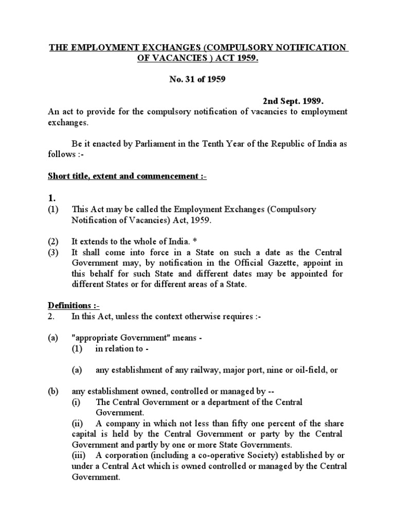 Employment Exchanges Act Overview | PDF | Government Of India | Employment