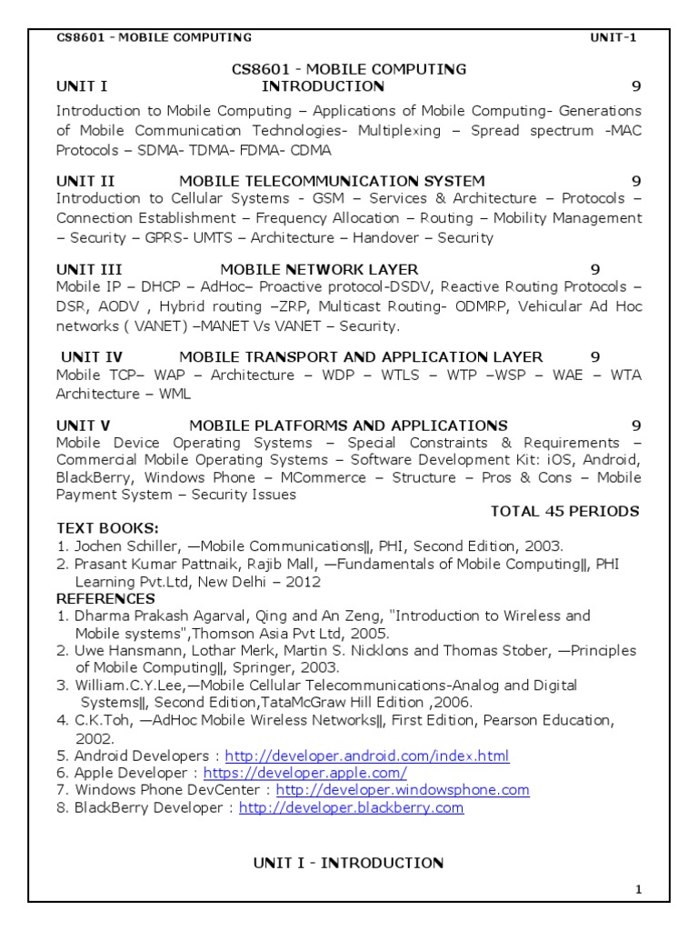 Cs8601 Mobile Computing 1337340624 Cs8601 Mc Unit 1 Pdf