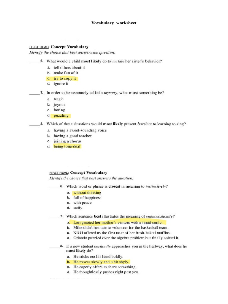 Vocabulary Worksheet Grade 7 Answer Key | PDF